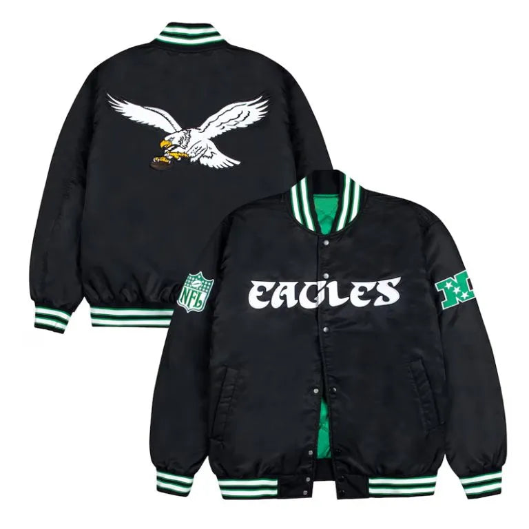 Philadelphia Eagles Full-Snap Varsity Black Satin Men's Bomber Jacket ...